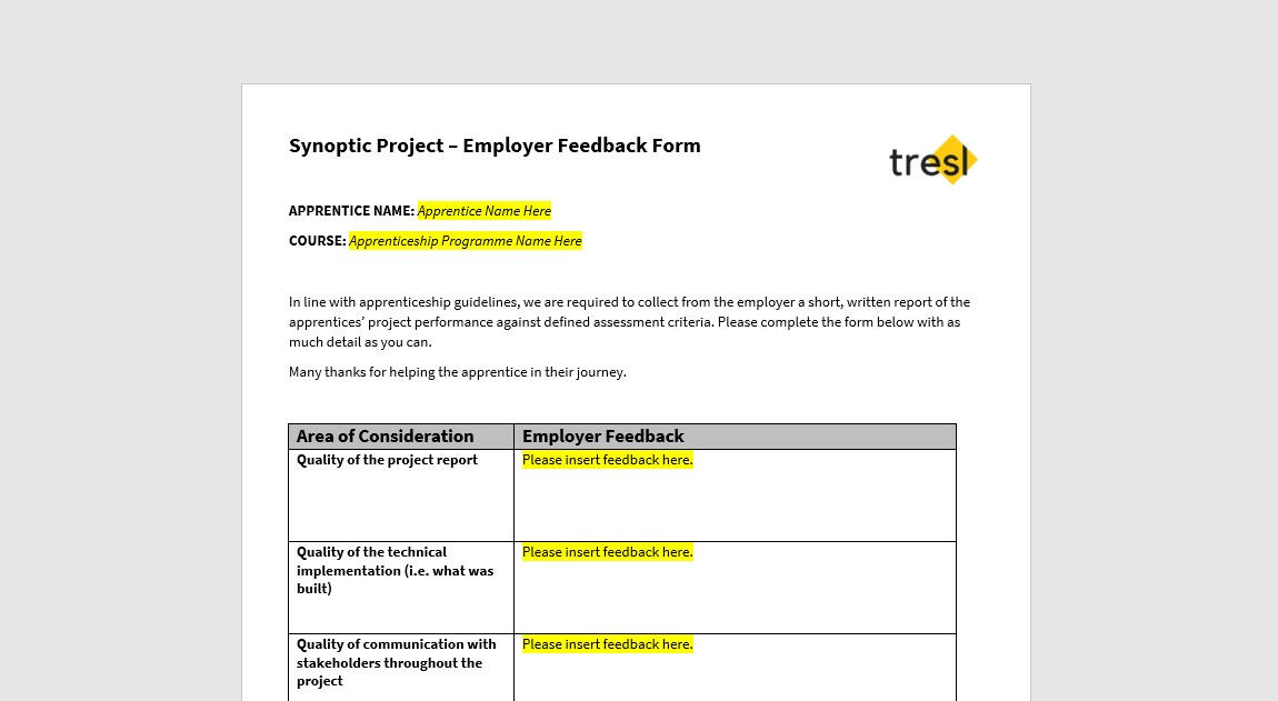 Synoptic Project Employer Feedback Form Template - Apprenticeship Resources